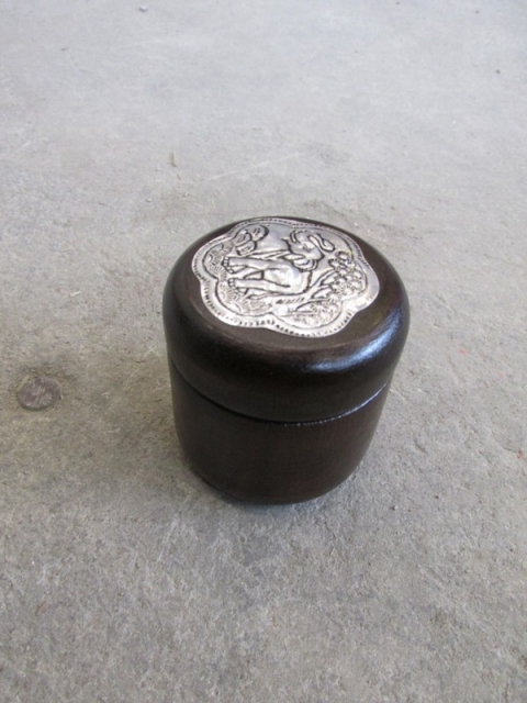 Small Wooden storage cylinder w/ silver lid